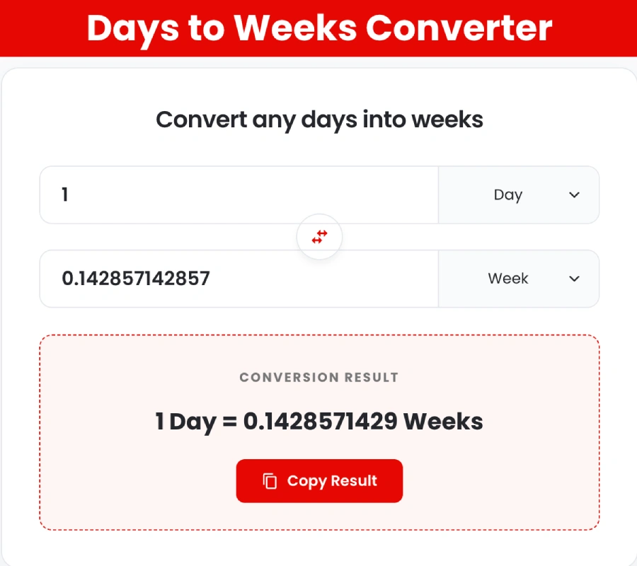 Days to Weeks Converter – Online Calculator (days to wks)