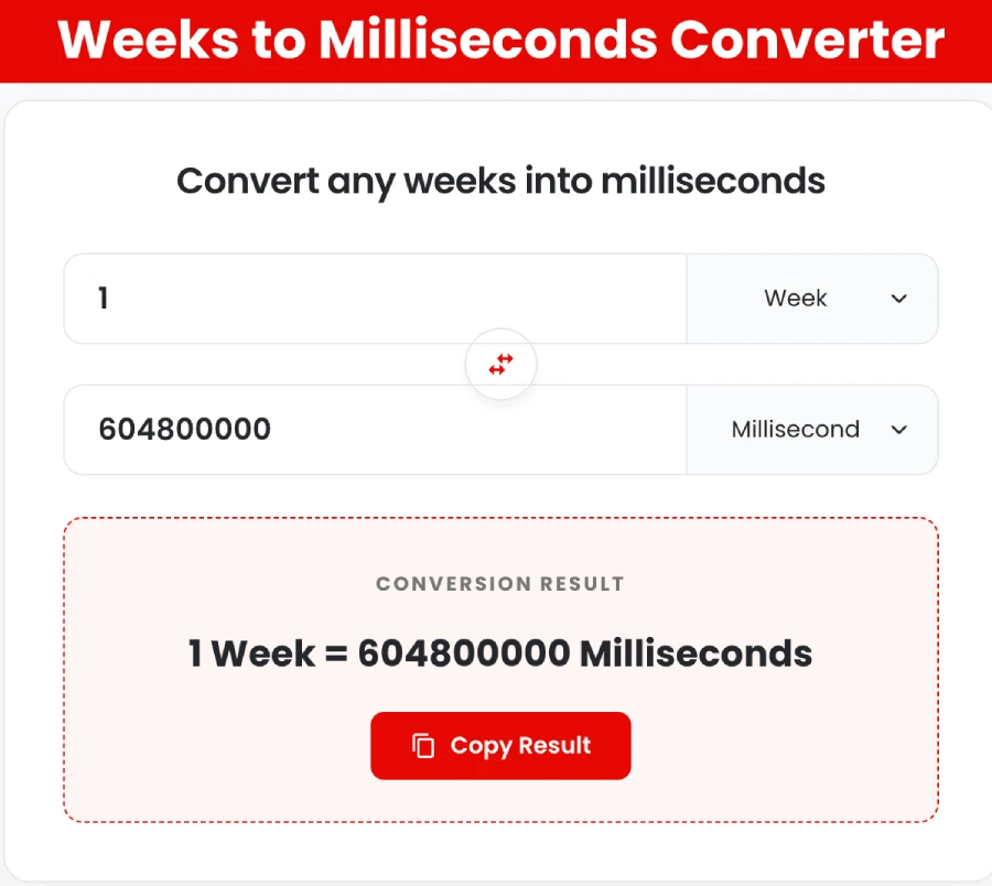 Weeks to Milliseconds Converter – Free Calculator (wks to ms)